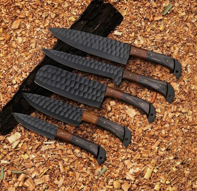 Custom Handmade Carbon Steel Coated Blade Kitchen Chef Knife Set of 5 ...