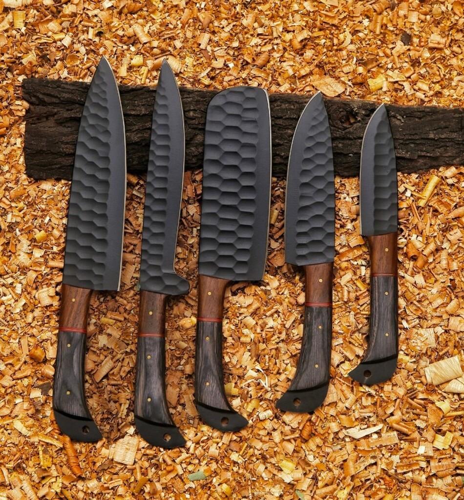 Custom Handmade Carbon Steel Coated Blade Kitchen Chef Knife Set of 5 ...